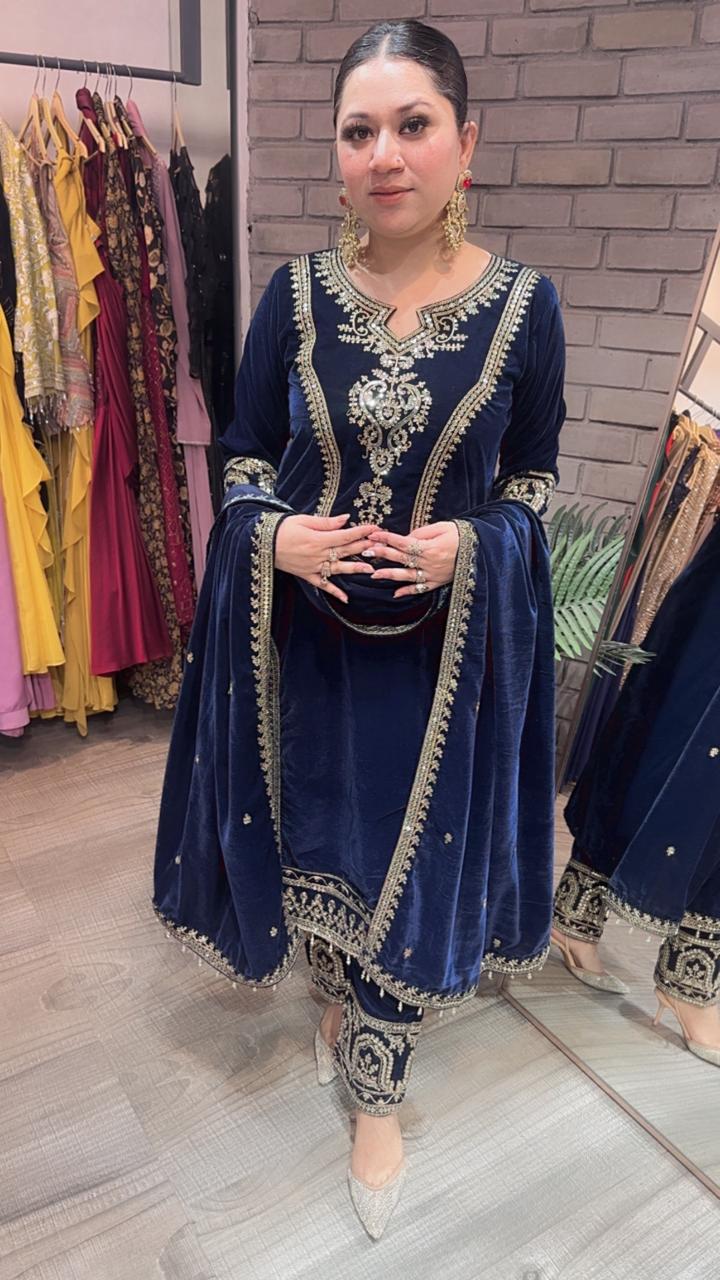 Shabad Navy Blue Designer velvet Suit – Nancy Khatri