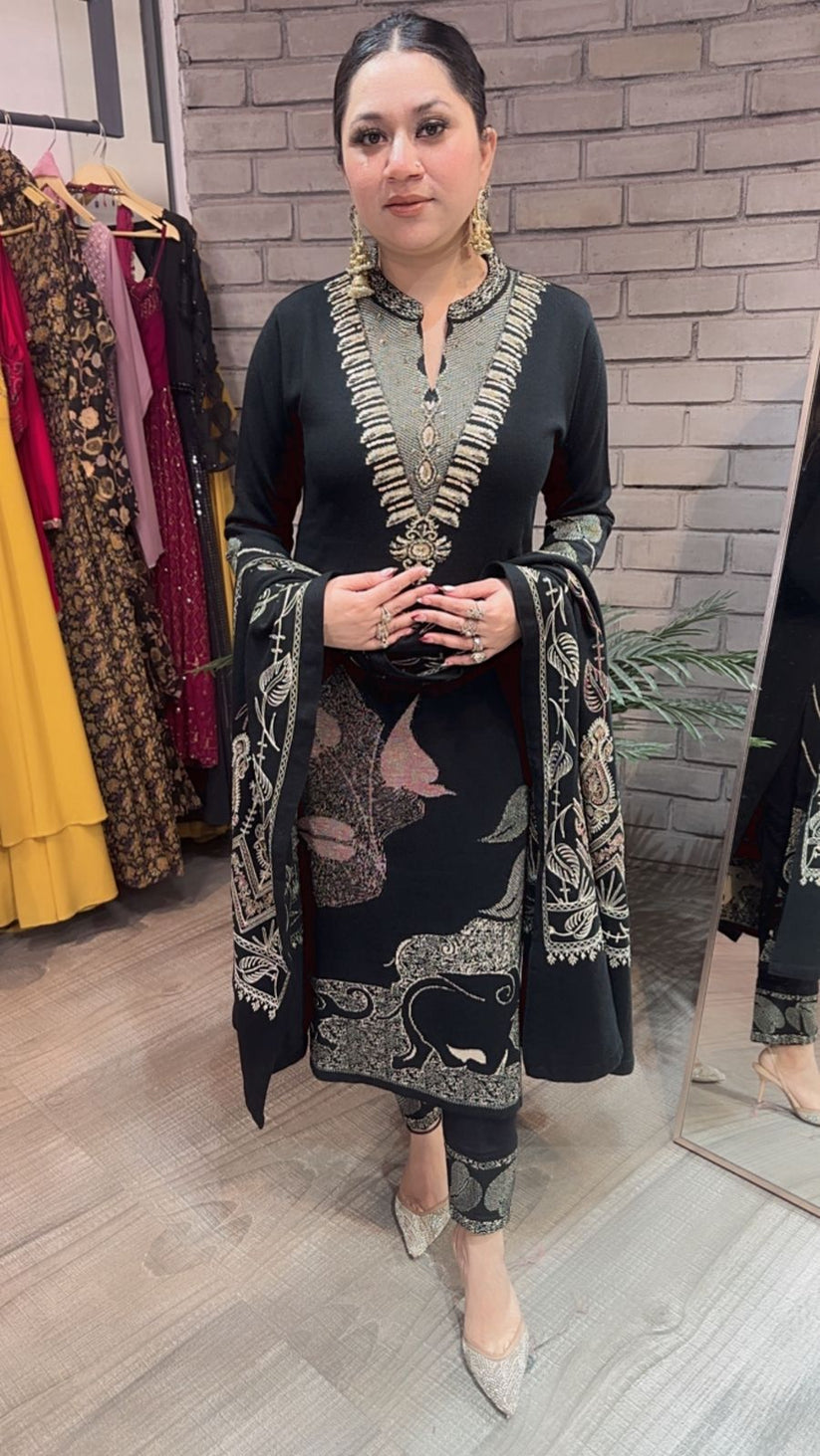 Clove Black Designer Woolen suit – Nancy Khatri
