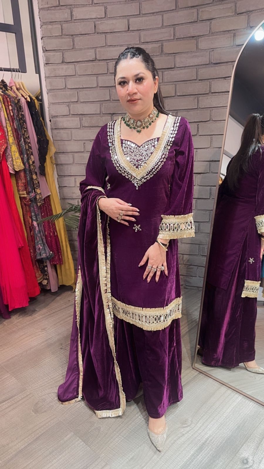 Saudi wine velvet Mirror work suit – Nancy Khatri