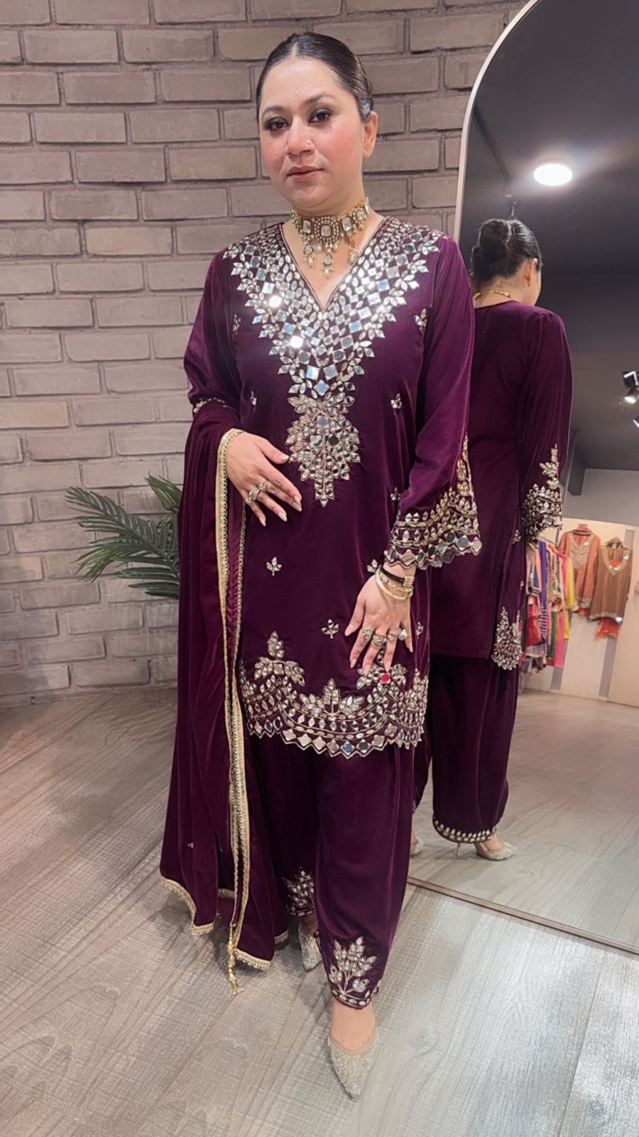 Lohri Special wine Mirror Designer velvet suit – Nancy Khatri